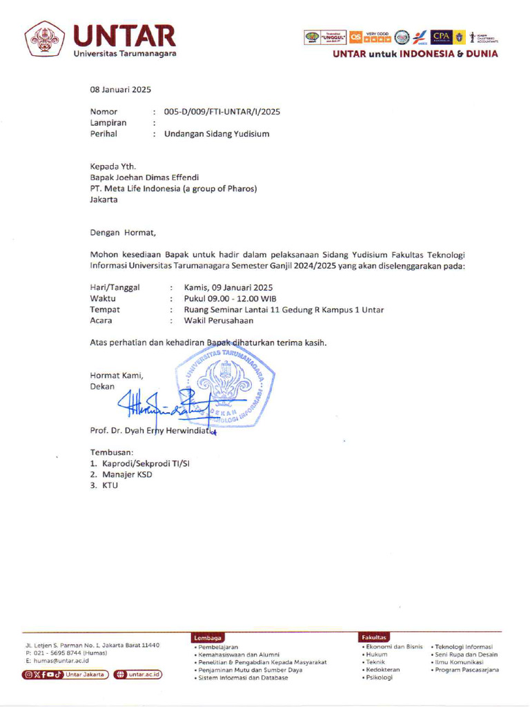 005 D 009 FTI UNTAR I 2025 Undangan Yudisium Pak Joehan | PDF