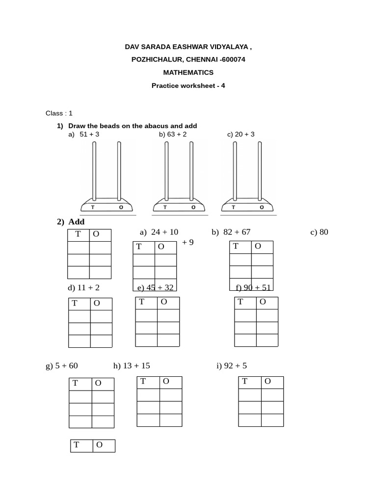 Class 1 - Math Worksheet 4 | PDF