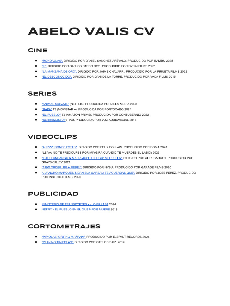 CV de Abelo Valis: Cine y TV | PDF