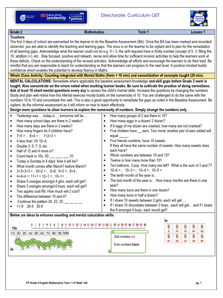 Grade 2 Mathematics Term 1 Lesson Plan | PDF | Learning | Teachers