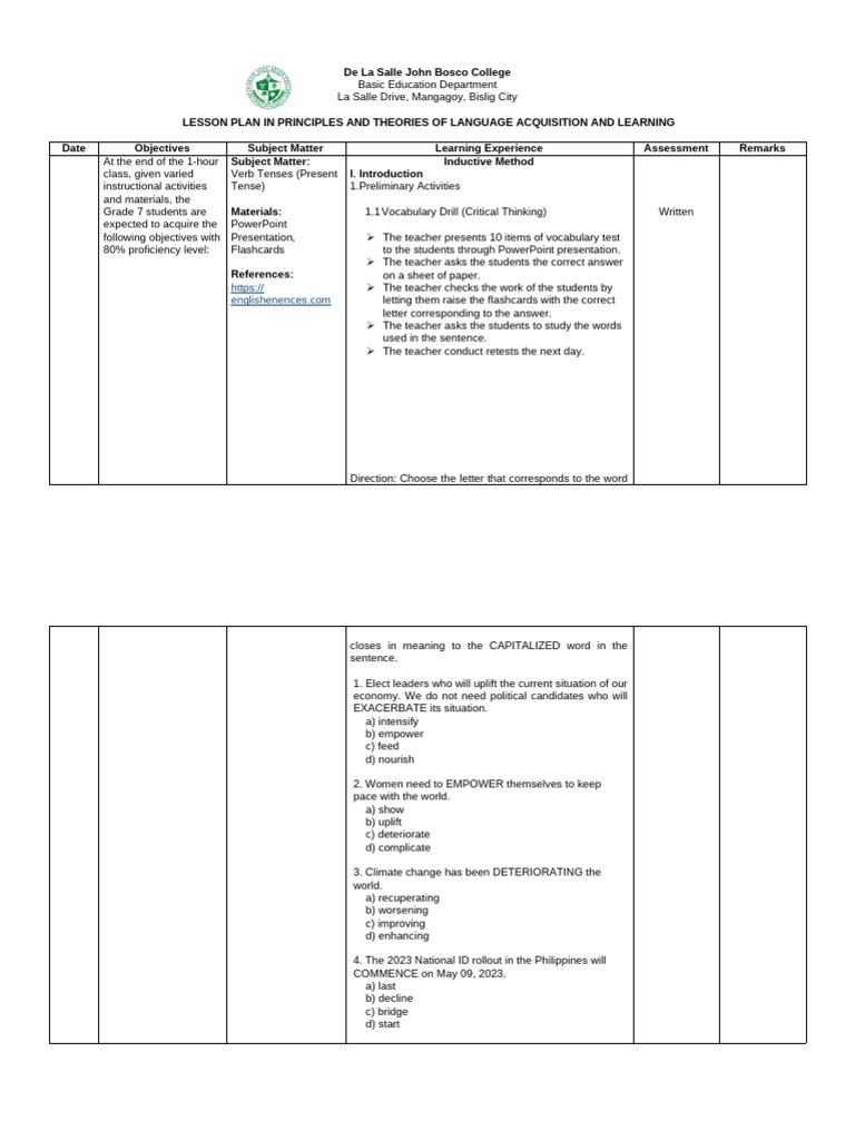 LESSON PLAN Verb Principles | PDF | Grammatical Tense | Verb