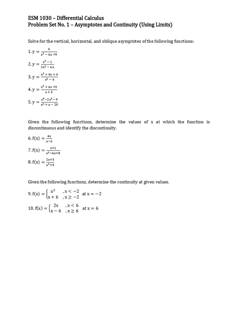 Problem Set 1 Asymptotes and Continuity Using Limits | PDF