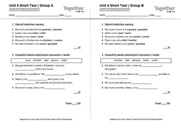 Together Kl4 U4 Short Test Vocabulary and Listening AB | PDF | Family ...