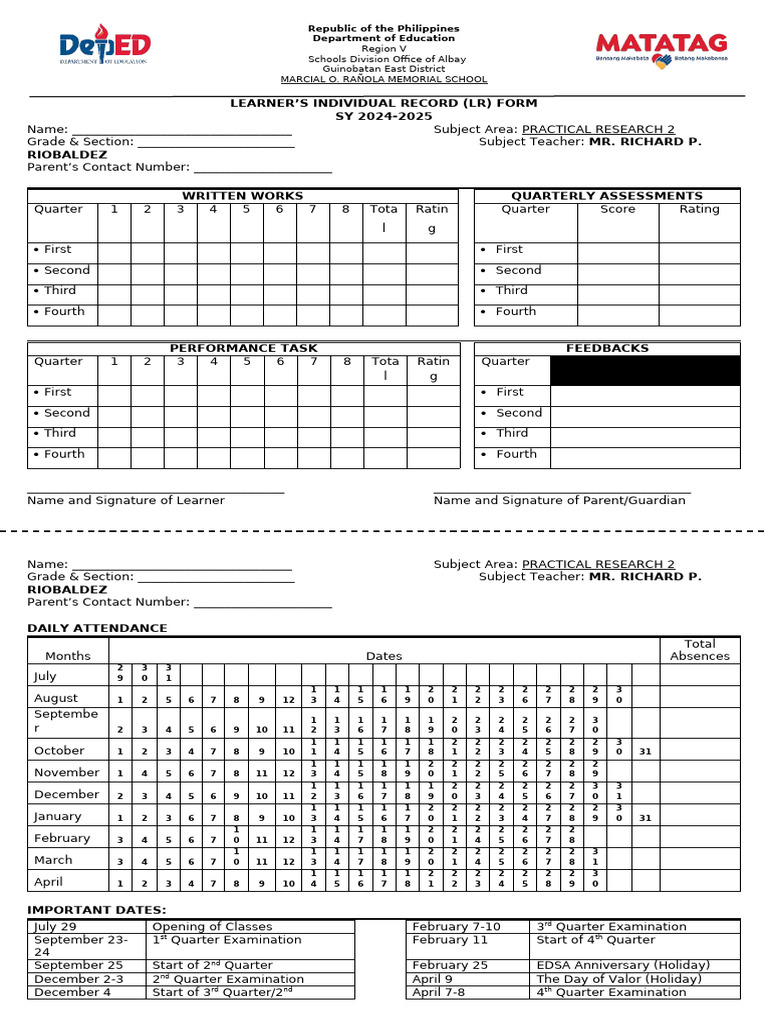 Learner's Individual Record Form 2024-2025 | PDF | Academia