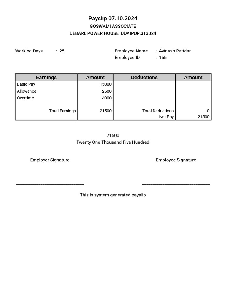 Payslip for Avinash Patidar - Oct 2024 | PDF