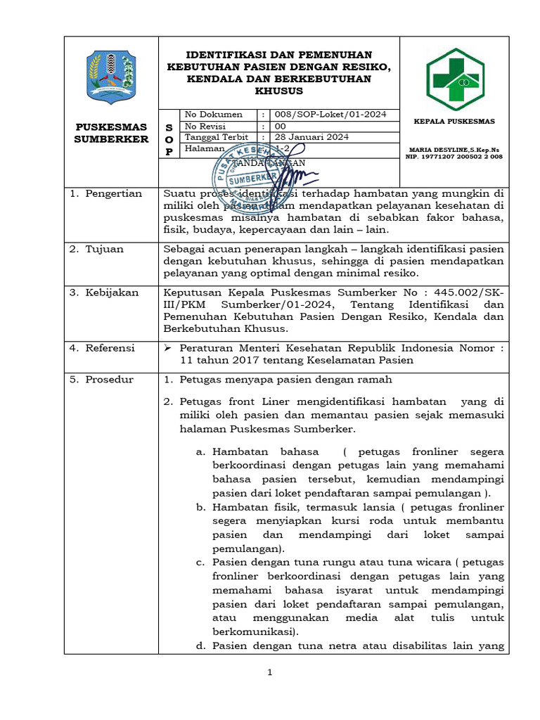 3.1.1. SOP IDENTIFIKASI DAN PEMENUHAN KEBUTUHAN PASIEN DENGAN RESIKO - Copy | PDF