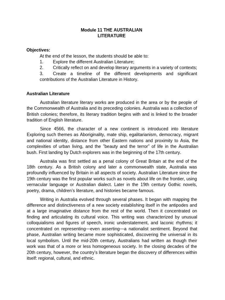 Module 11 THE AUSTRALIAN LITERATURE | PDF | Australian Literature ...