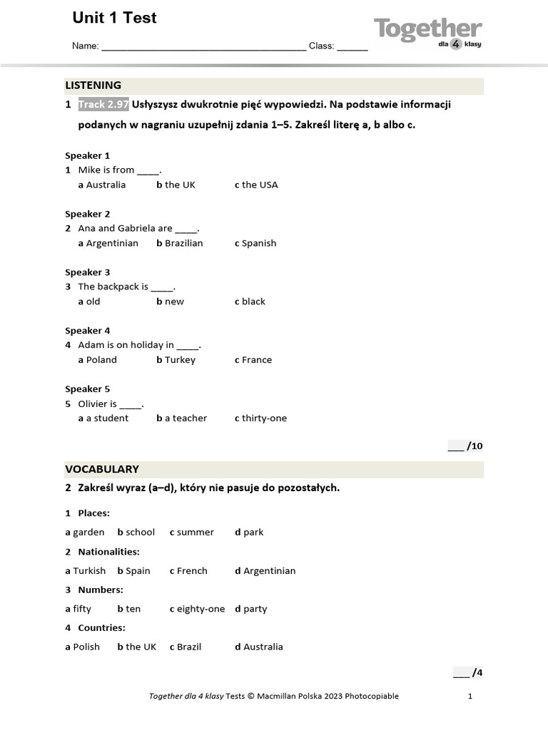 Together Kl4 U1 Test For Dyslexic Students | PDF