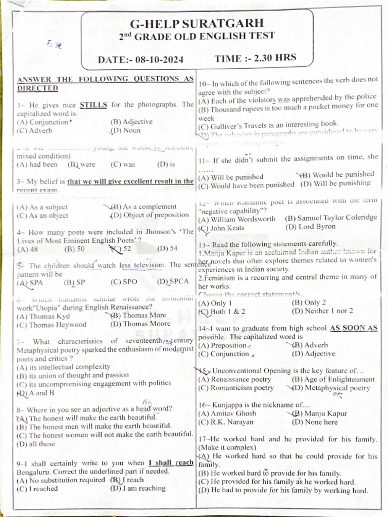 2nd Grade Old English Paper 08:10:2024 Suratgarah | PDF