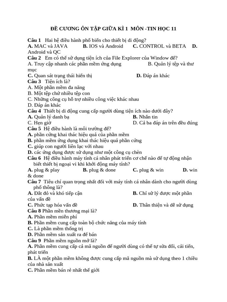 ĐỀ-CƯƠNG-ÔN-TẠP-GIỮA-HK1-TIN-HỌC-11 | PDF
