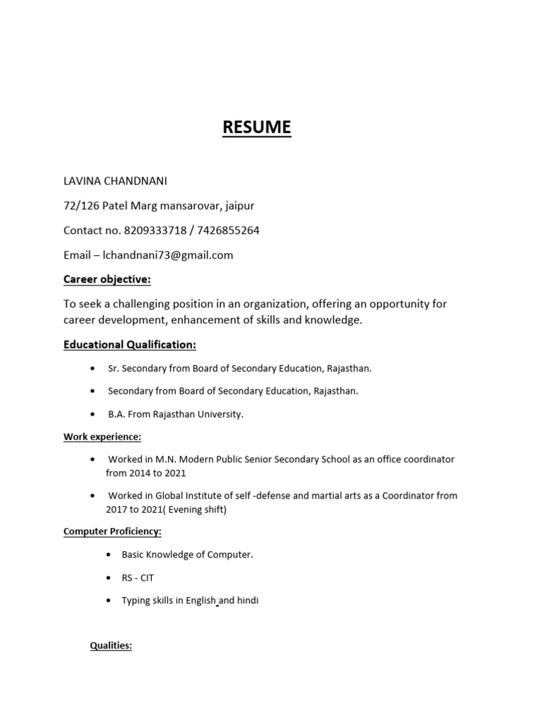 Resume Lavina Chand Nani | PDF