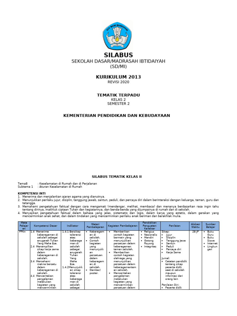 Silabus Kelas 2 Tema 8 - 9 Komponen (Websiteedukasi.com) | PDF