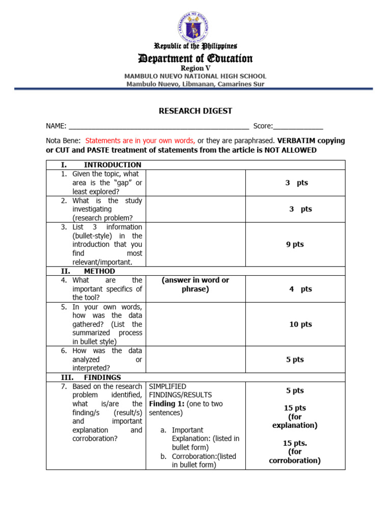 Research Digest Template for Students | PDF