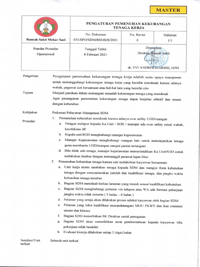 TKRS 9. D SPO Tentang Pengaturan Pemenuhan Kekurangan Tenaker Revisi | PDF