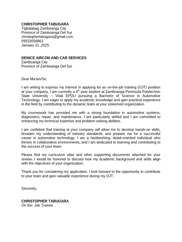 OJT APPLICATION LETTER | PDF | Cognitive Science | Learning