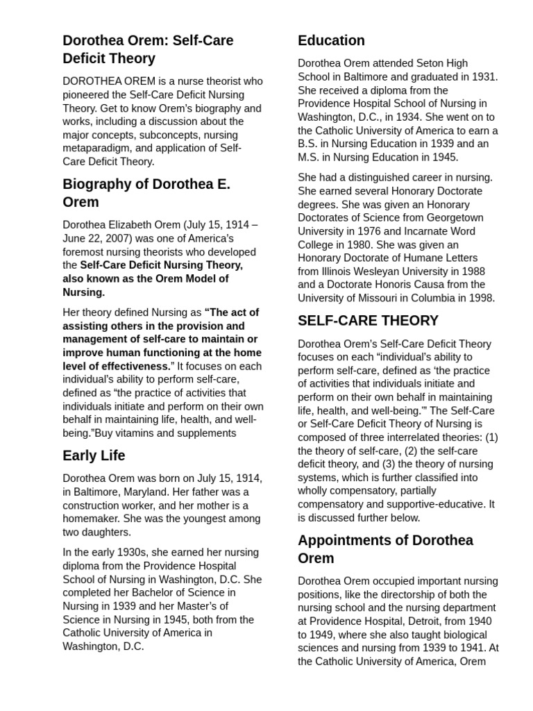 Dorothea Orem | PDF | Nursing | Psychology