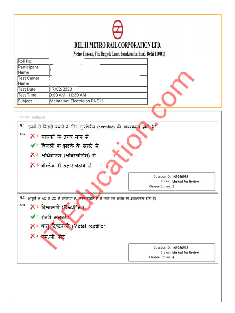 DMRC Electrician Question Paper | PDF | Adverb | Linguistic Morphology