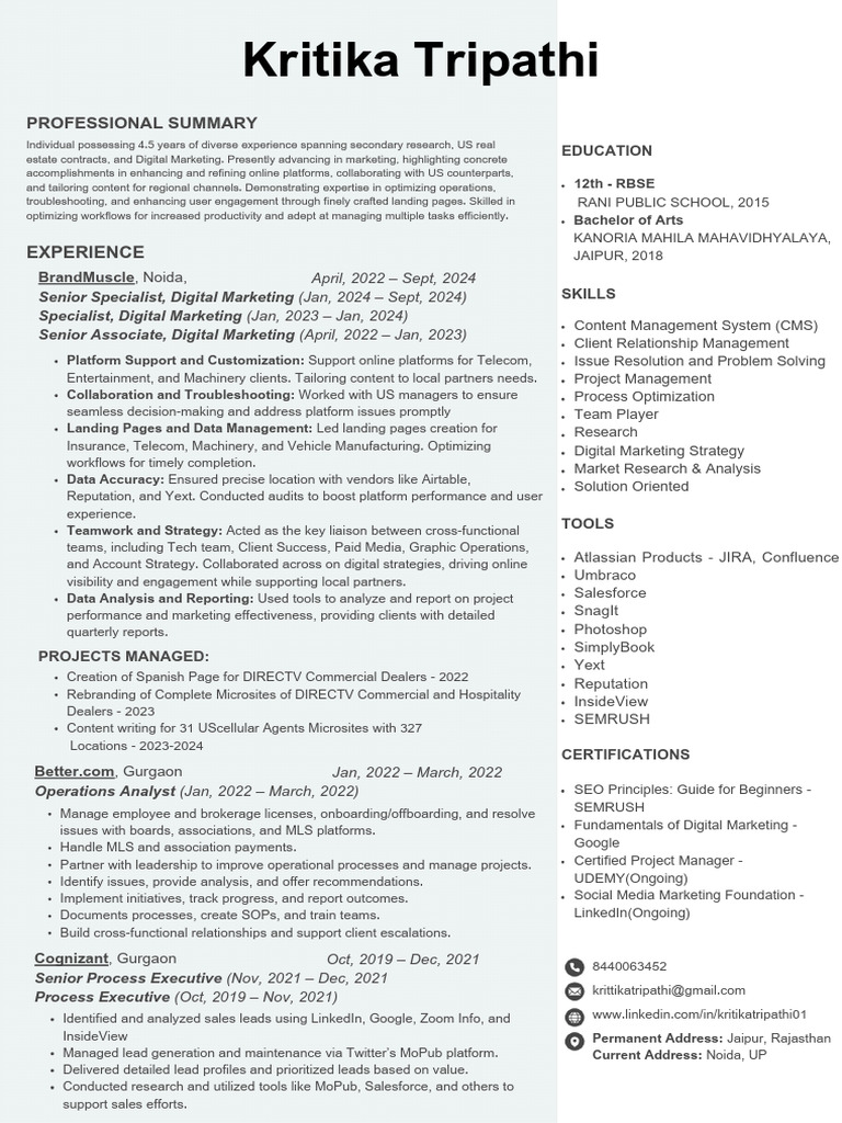 Kritika Tripathi Resume | PDF | Digital Marketing | Marketing