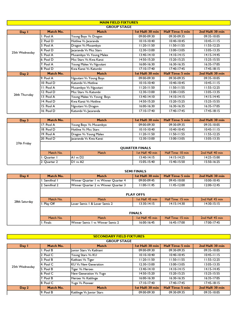 Football Fixtures-Main & Secondary Field - Kavate Cup | PDF | Sports