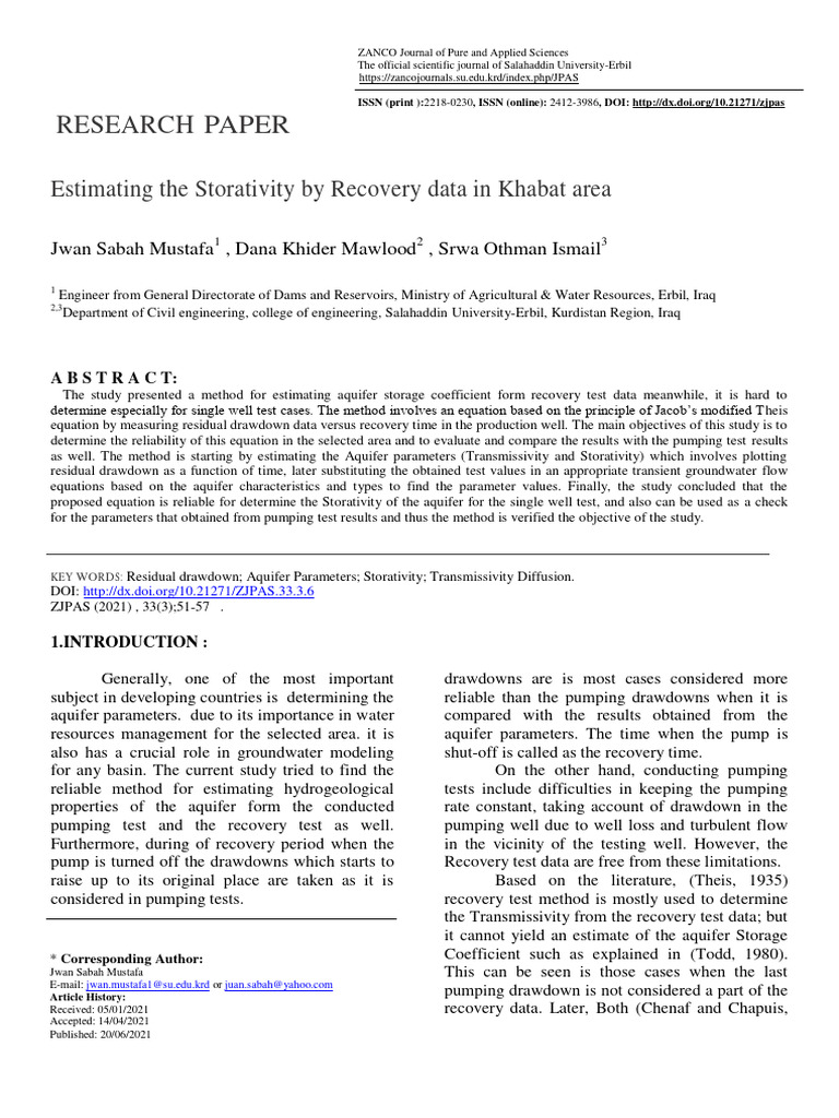 Estimating The Storativity by Recovery D | PDF | Hydrology | Earth Sciences
