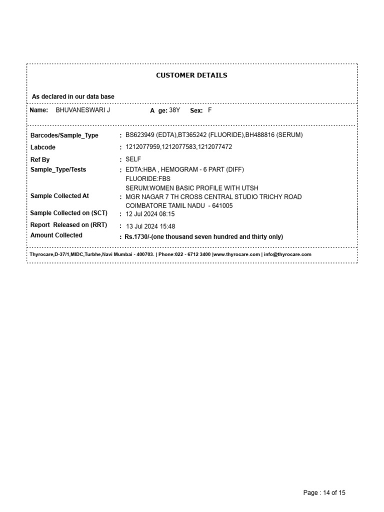 Customer Lab Test Details Report | PDF