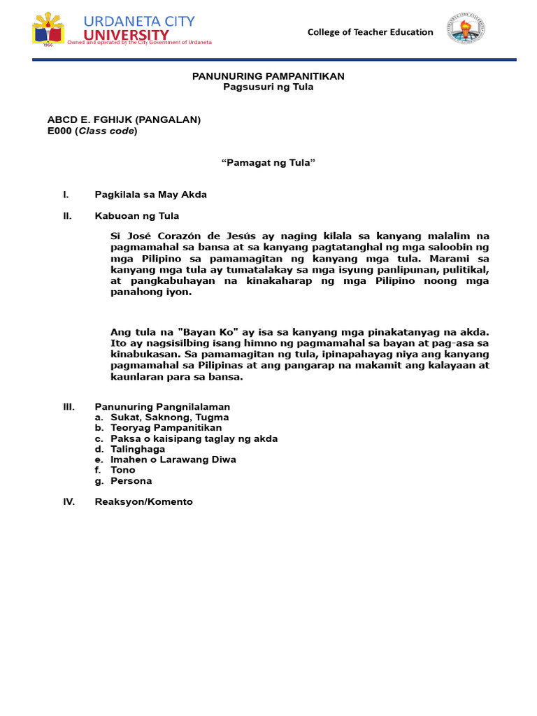 Pagsusuri ng Tula- FORMAT | PDF