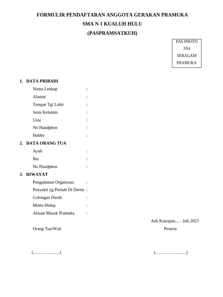 Formulir Pendaftaran Anggota Gerakan Pramuka | PDF