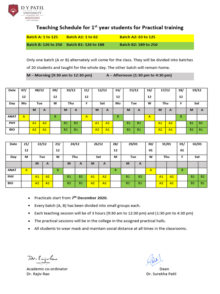 Revised Teaching Exam Schedule For 1st Year Students | PDF
