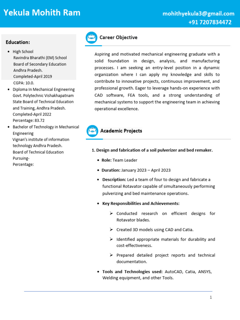 MOHITH_CV[1] (1) | PDF | Mechanical Engineering | Engineering