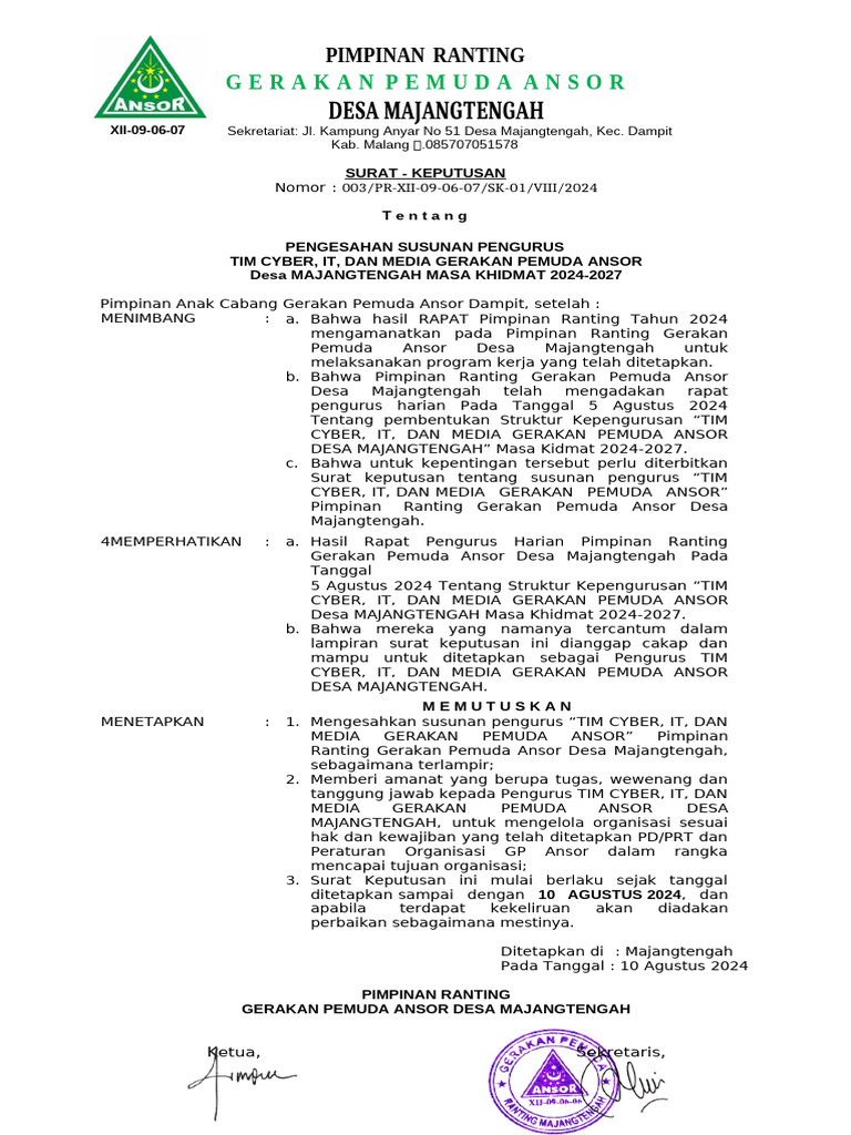 SK TIM CYBER Ranting Ansor Majangtengah | PDF