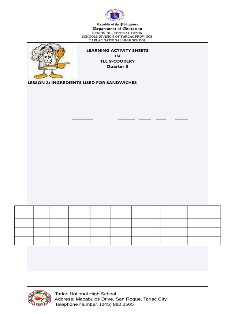 Lesson 2 Q3 Learning Activity Sheets in Tle 9 Cookery 2022 2023 | PDF | Sandwich | Breads