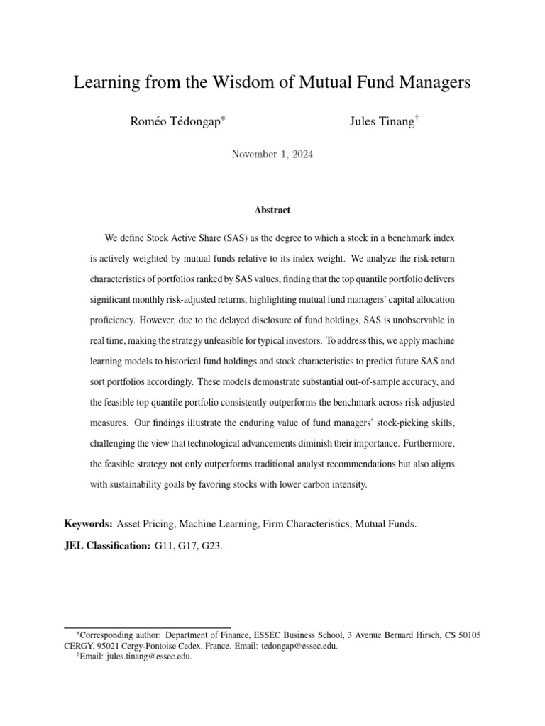 Learning From the Wisdom of Mutual Fund Managers -Ssrn-5024362 | PDF ...