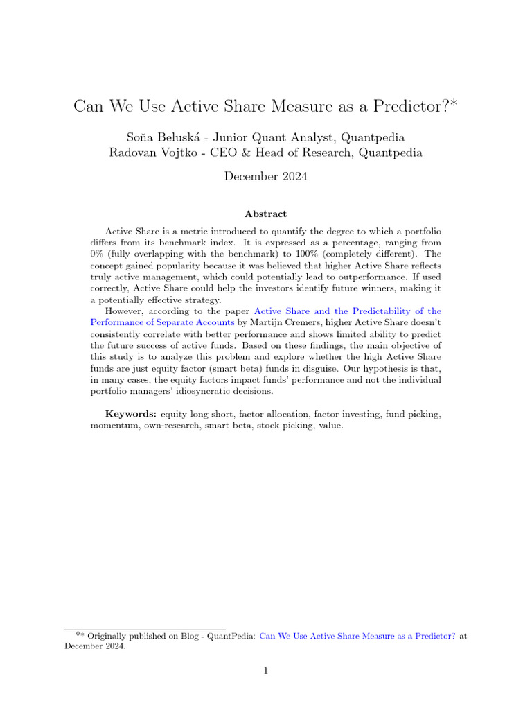 Active Share as Performance Predictor Analysis | PDF | Beta (Finance ...