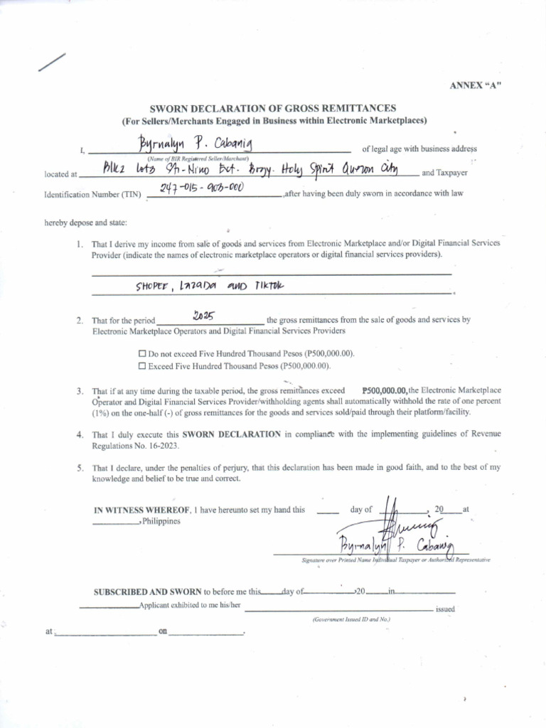 Sworn Declaration 2025 B. Cabanig | PDF