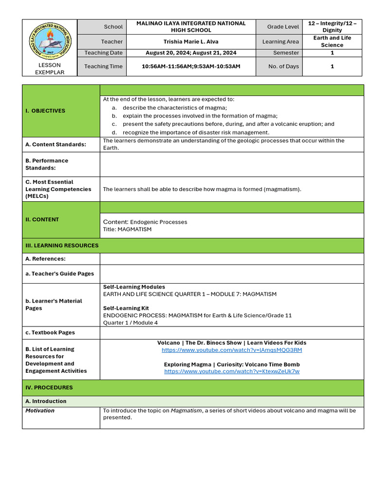 Magmatism in Earth Science Lesson Plan | PDF | Magma | Volcano