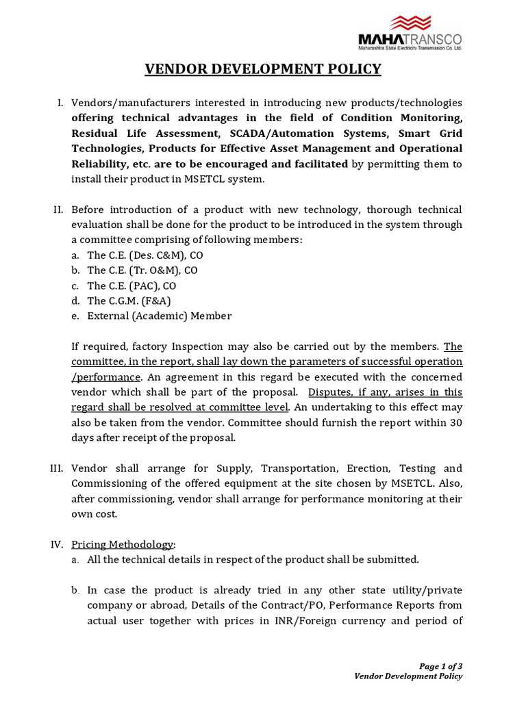 Vendor Development Policy | PDF | Economies | Business