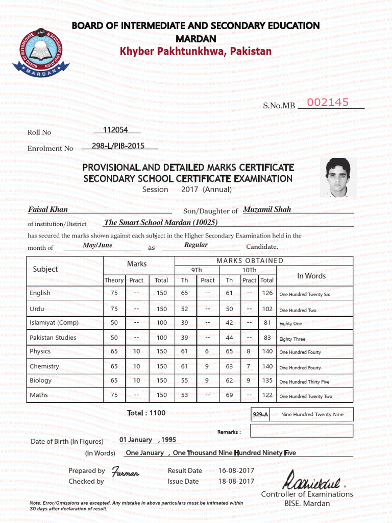 Faisal Khan SSC & HSSC Transcript | PDF | Educational Stages ...