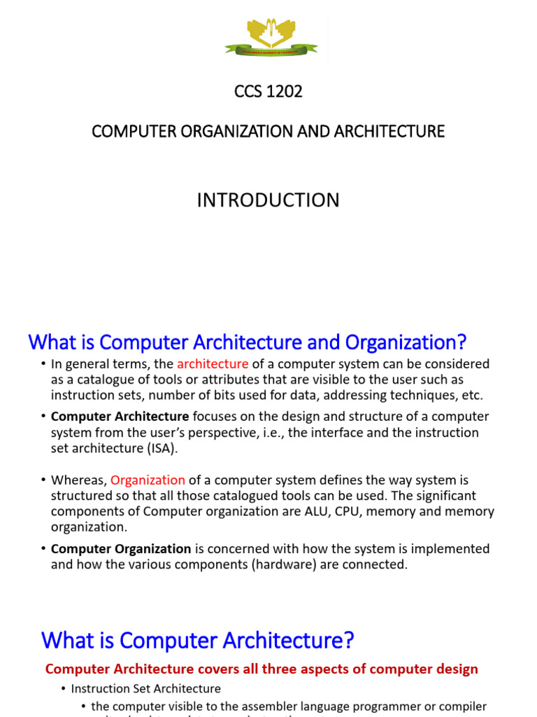 CCS 1202 Lecture 1 - Introduction | PDF | Central Processing Unit | Computer Architecture