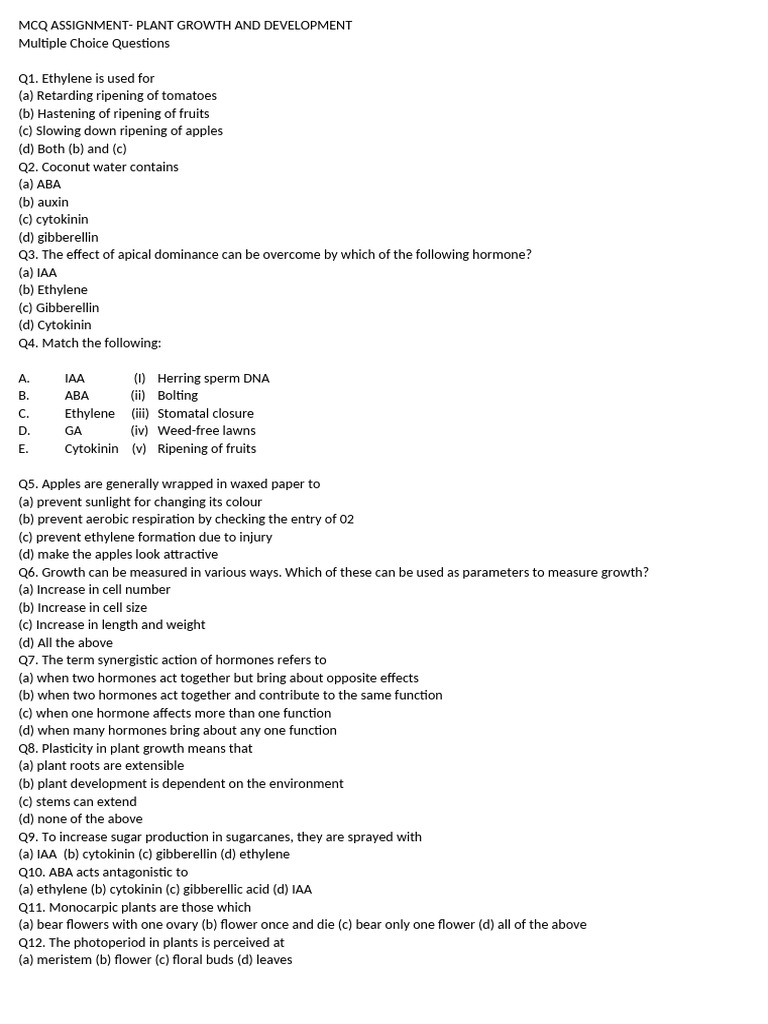 MCQ ASSIGNMENT-Plant Growth and Development | PDF