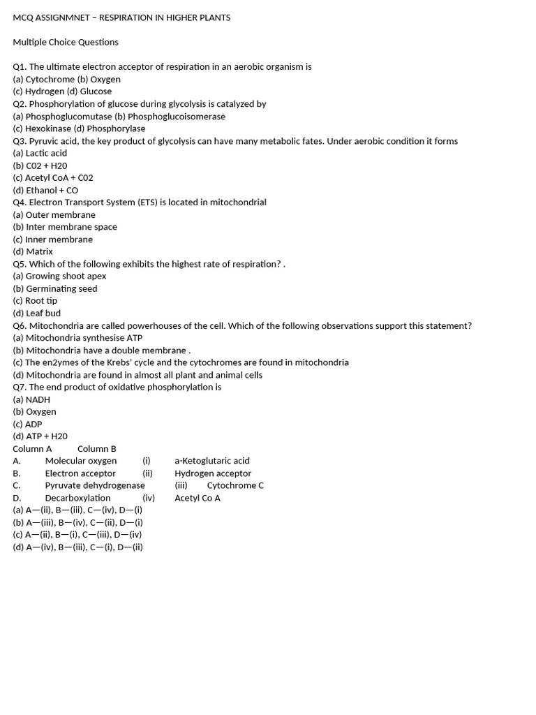 MCQ ASSIGNMNET-Respiration in Higher Plants | PDF
