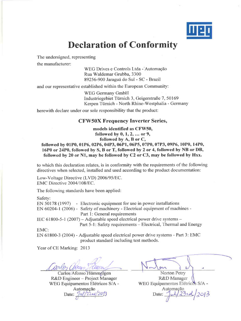 Declaration of Comformity CE CFW500 | PDF