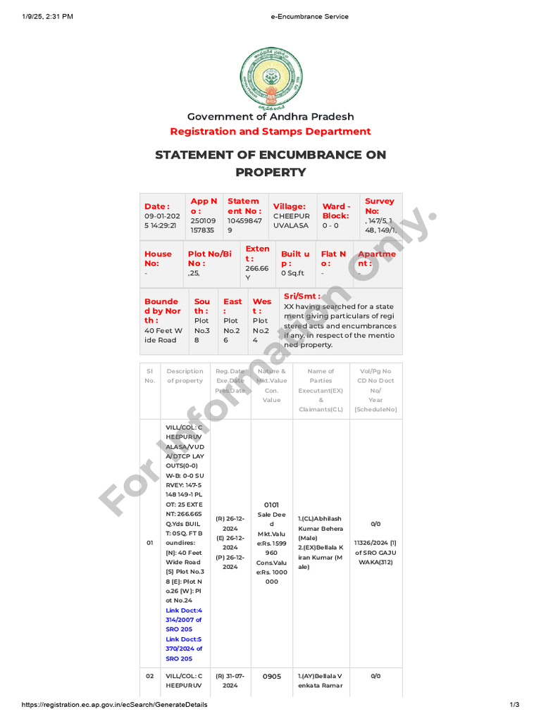 E-Encumbrance Service Gajuwaka | PDF