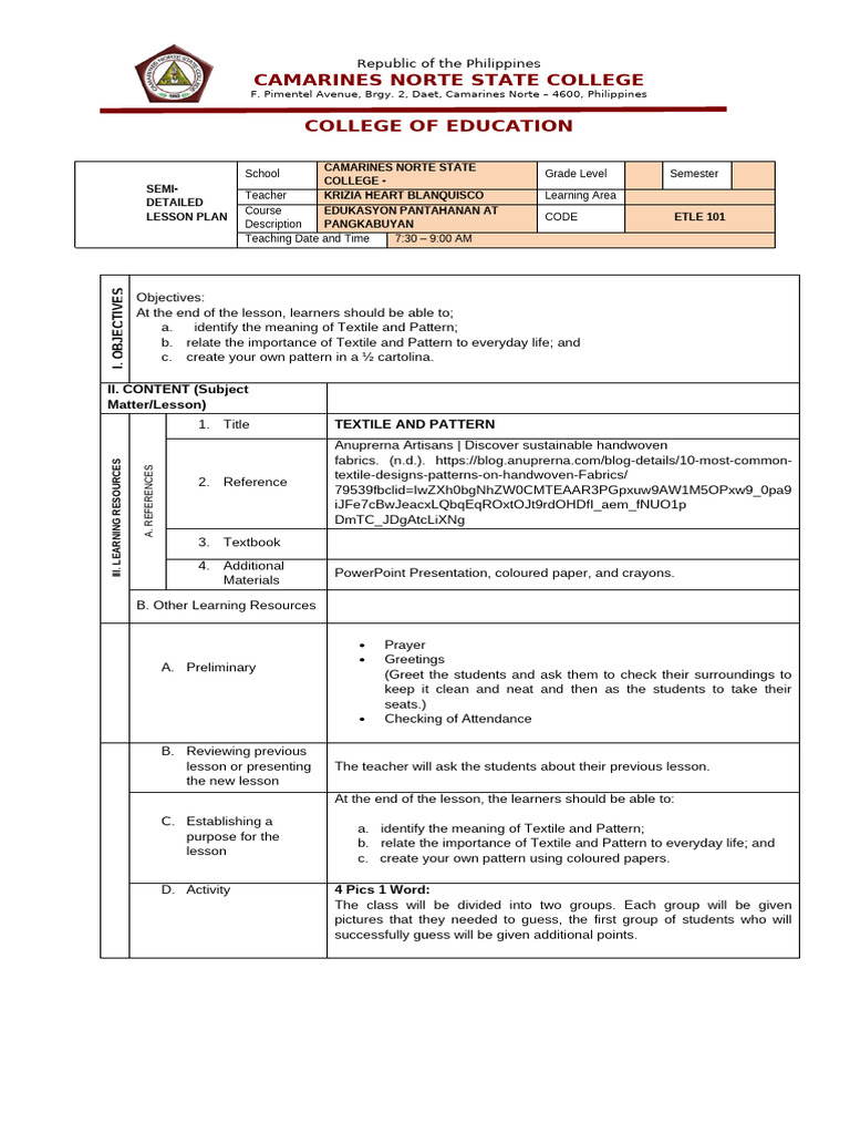 Etle Lesson Plan 1 - Textile and Pattern | PDF | Textiles | Dyeing