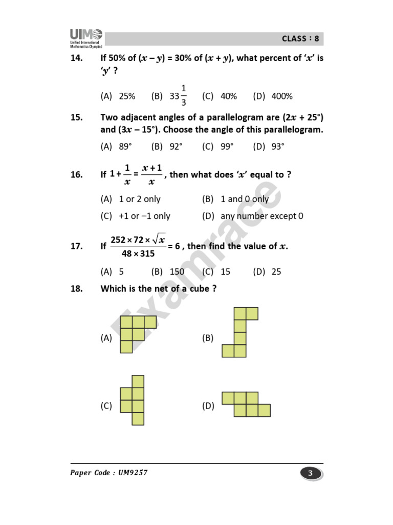 UIMO-Class-8-Paper-2021 (2) - Copy | PDF