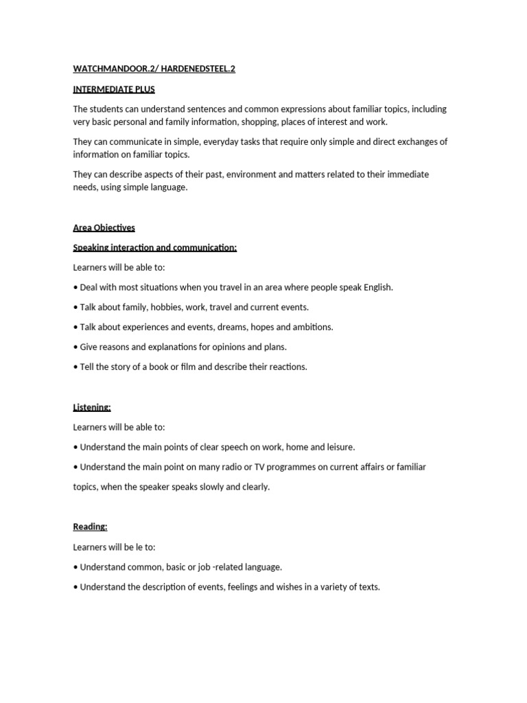 Intermediate Level Syllabus | PDF | English Language | Human Communication