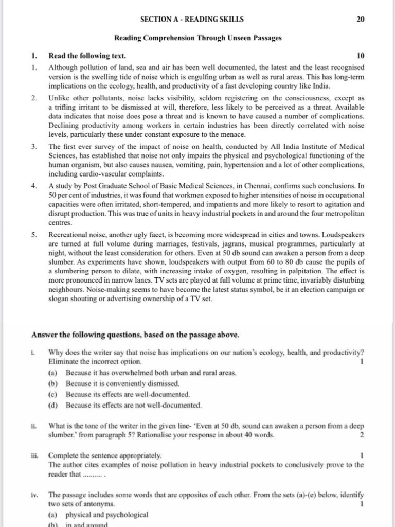 Eng Sample Paper 10th-1 | PDF | Fast Food | Noise