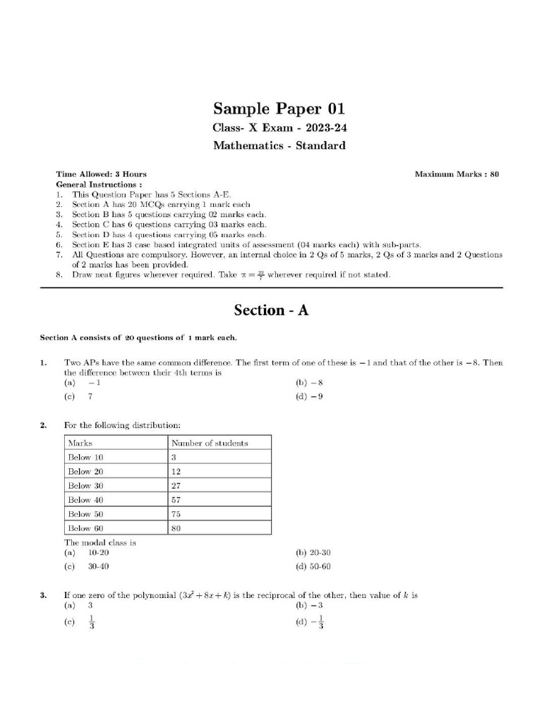 10th Maths Sample Paper-1-1 | PDF