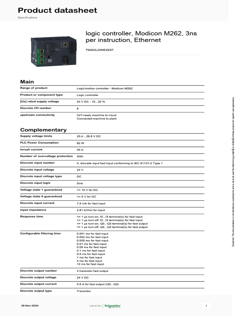 Schneider Electric - Modicon-M262 - TM262L20MESE8T | PDF | Programmable ...