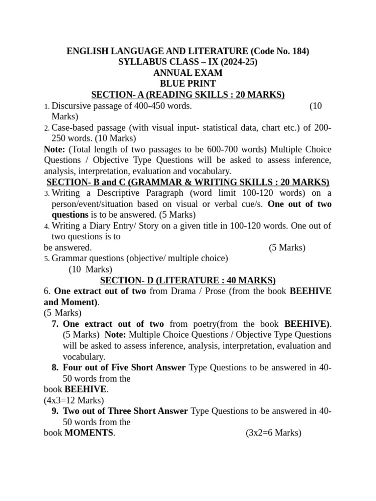 Blue Print of English Class - Ix 2022-23 2 | PDF | Multiple Choice ...