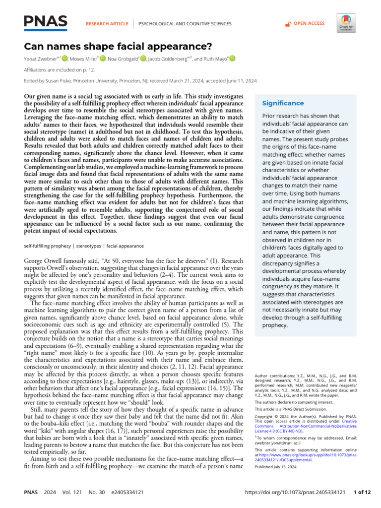 Zwebner Et Al 2024 Can Names Shape Facial Appearance | PDF ...